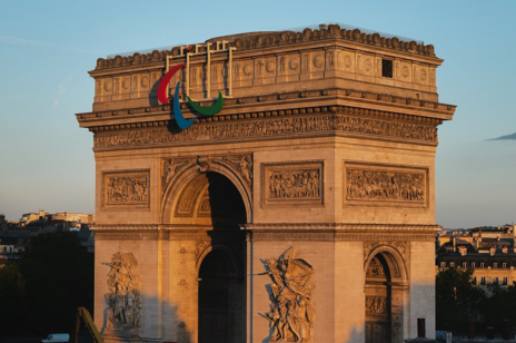 The Agitos, emblems of the Paralympic Games, displayed on the Arc de ...